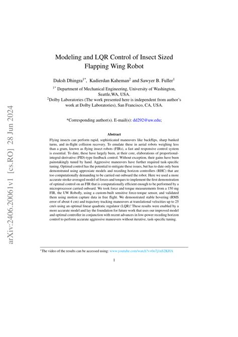 Pdf Modeling And Lqr Control Of Insect Sized Flapping Wing Robot
