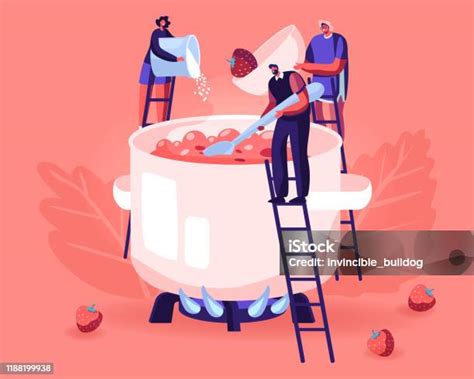 수제 딸기 잼 또는 마멀레이드를 만드는 사람들 작은 남성과 여성 캐릭터는 끓는 물에 설탕과 신선한 잘 익은 열매를 넣어 거대한 팬에 사다리에 서있다 만화 플랫 벡터 일러스트