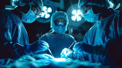 Surgical Team Performing Operation In Blue Tinted Light Stock