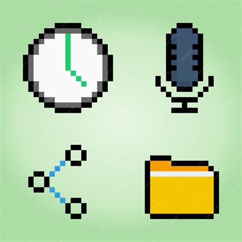 픽셀 8비트 Ui 기호 아이콘 시계 마이크 벡터 일러스트에서 기호 및 폴더 픽셀 공유 프리미엄 벡터