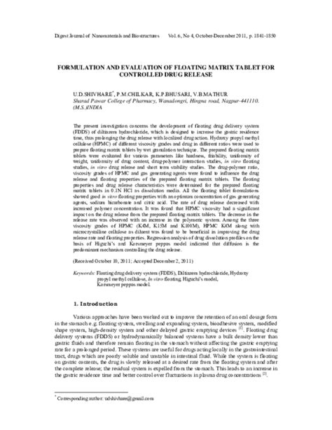 Pdf Formulation And Evaluation Of Floating Matrix Tablets Of