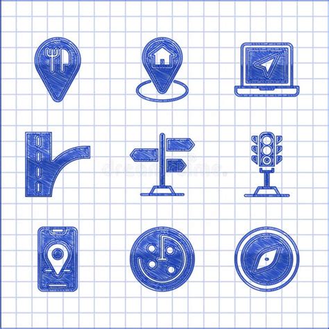 Set Road Traffic Sign Radar With Targets On Monitor Compass Traffic Light City Map
