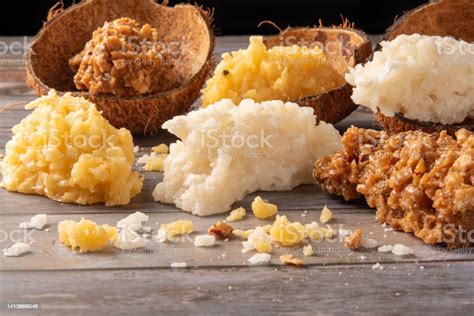 Cocada Brazilian Coconutbased Candy Arranged On A Rustic Wooden Table
