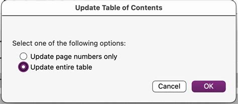 insert break and updating table of contents problems with word for mac