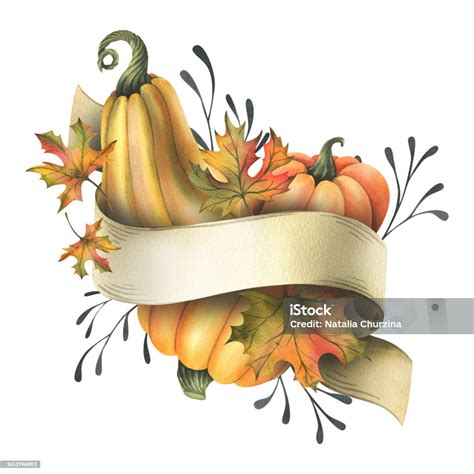 단풍잎 나뭇가지 종이가 있는 주황색 가을 호박은 텍스트를 위한 빈 템플릿입니다 수채화 그림 손으로 그린 흰색 배경에 격리된