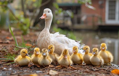 A Mother Duck And Her Ducklings Are Standing In A Field The Mother