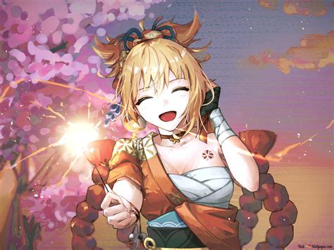 Pretty Girl Yoimiya Playing With Sparklers Genshin Impact K Wallpaper Download