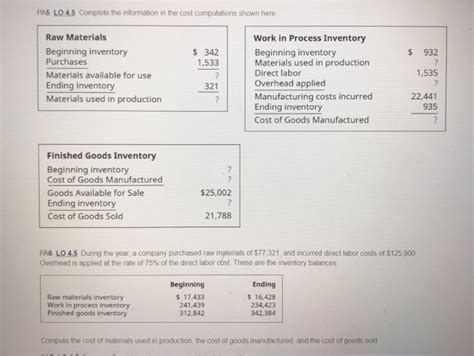Solved Pa5 Lo 4 5 Complete The Information In The Cost