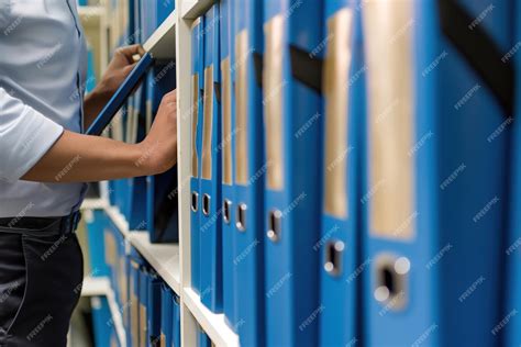Man Organizing Blue Binders In An Office Filing Cabinet Premium Ai