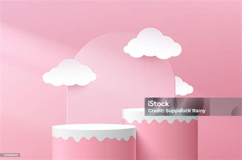제품 프레젠테이션을 위한 벡터 렌더링 3d 기하학적 모양입니다 핑크 화이트 실린더 받침대 연단 흰색 구름 모양의 종이 컷현대