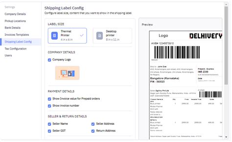 shipping label configuration