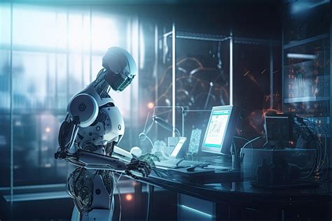 3d rendering humanoid robot working in modern office with computer. Mixed media, An AI robot ...