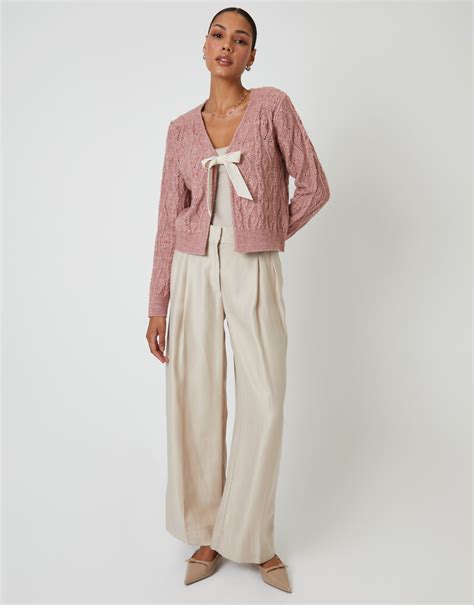 Threadbare Womens Pink Cable Knit Velvet Bow Detail Cardigan