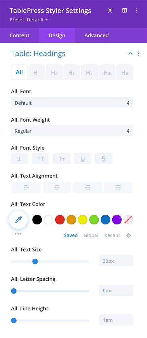 table text and headings design tab tablepress styler docs divi