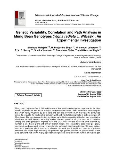 Pdf Genetic Variability Correlation And Path Analysis In Mung Bean