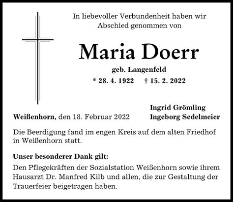 Traueranzeigen Von Maria Doerr Augsburger Allgemeine Zeitung