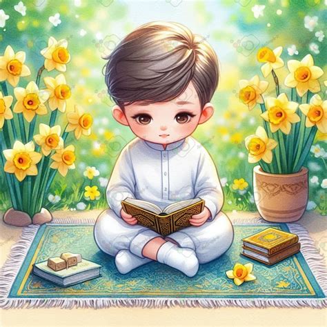 بک گراند کودکانه پسربچه دوست داشتنی نشسته در باغ گل نرگس در حال قرآن