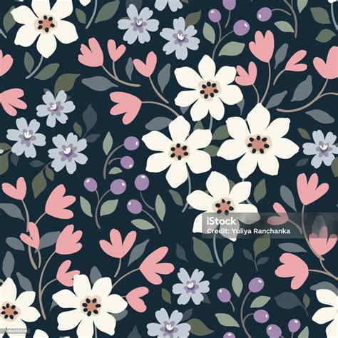 매끄러운 꽃 무늬 숲 초원이 있는 자유의 무늬 프린트 어두운 들판에 작고 귀여운 꽃 벡터 꽃 식물에 대한 스톡 벡터 아트 및 기타 이미지 Istock