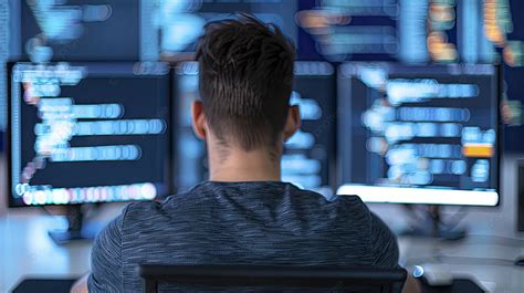 a man sits in front of computer screens displaying code blur background
