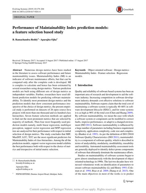 Performance Of Maintainability Index Prediction Models A Feature