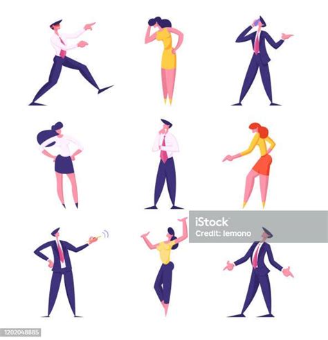 흰색 배경에 격리 된 사업가 남성과 여성 캐릭터의 집합입니다 남자와 여자 착용 공식적인 드레싱 스탠드 에 다른 자세 통신 몸짓