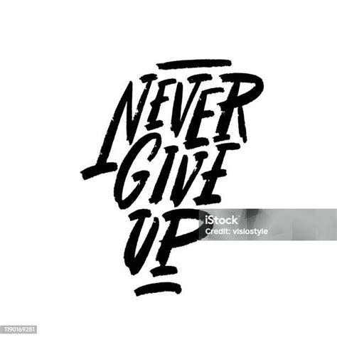 결코 포기하지 마십시오 동기 부여 견적 스프레이 페인트 낙서 스텐실 흰색 배경입니다 거리에 대한 스톡 벡터 아트 및 기타 이미지