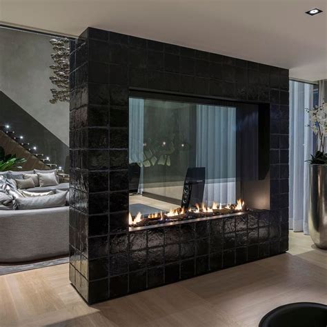 Double Sided Linear Black Tile Fireplace Home Interior Design