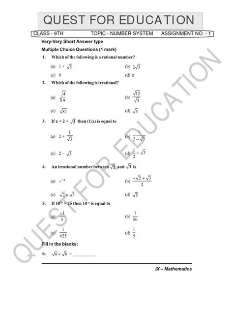 class 9 maths number system assignmnet 1 pdf