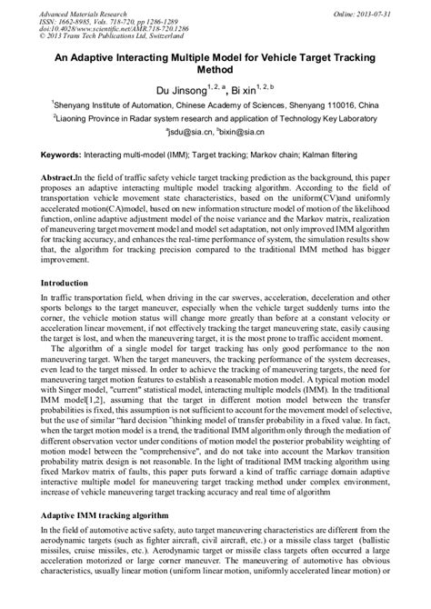 An Adaptive Interacting Multiple Model For Vehicle Target Tracking Method Scientificnet