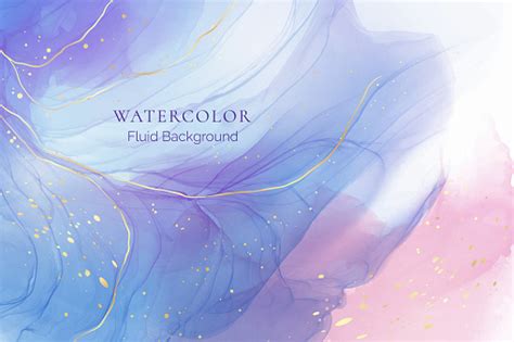 금색 줄무늬와 반짝이는 먼지가 있는 시안 블루와 라벤더 액상 대리석 배경 파스텔 핑크 바이올렛 수채화 드로잉 효과 웨딩 초대 Rsvp 메뉴에 대한 벡터 일러스트 배경 0명에