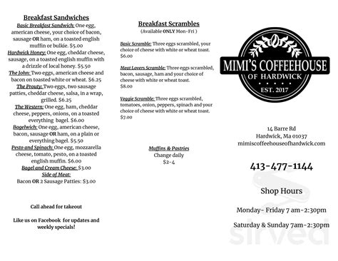 Menu For Mimis Coffee House Of Hardwick In Gilbertville Ma Sirved