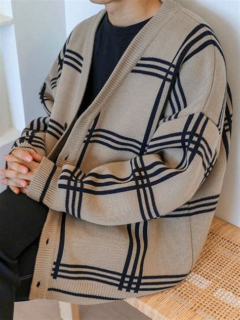 Emmiol Free Shipping 2024 Mens V Neck Checkered Cardigan Khaki Xl In