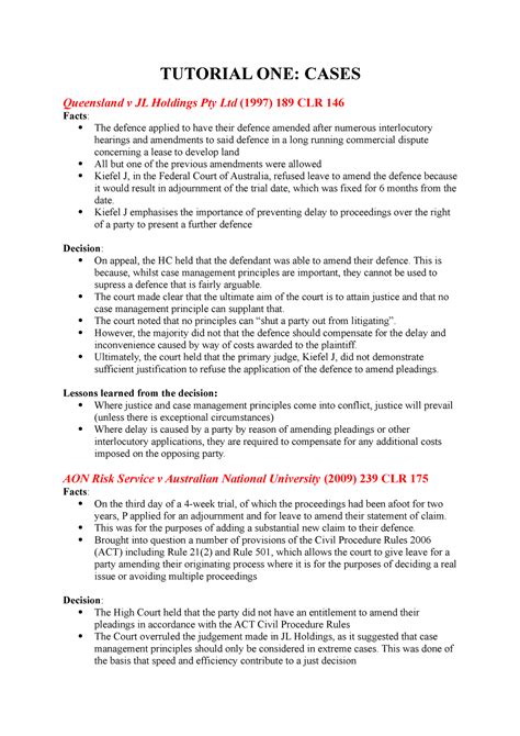tutorial one tut notes tutorial one cases queensland v jl holdings