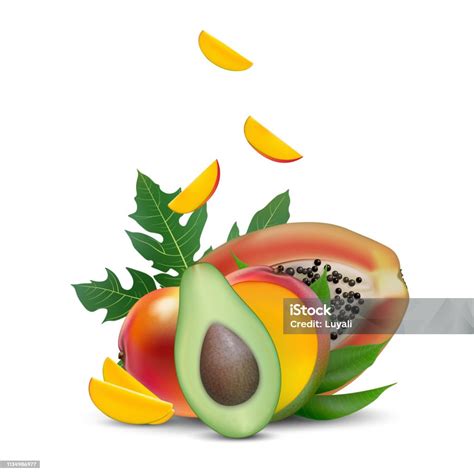 3d 승진 배너 현실적인 망고 아보카도 떨어지는 조각 비타민 나뭇잎 파파야 아이스크림 요구르트 주스 브랜드 광고 레이블 포스터