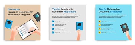 3d 만화 소셜 미디어 유익한 장학금 문서 팁 게시 배너 템플릿 레이아웃 디자인 프리미엄 벡터
