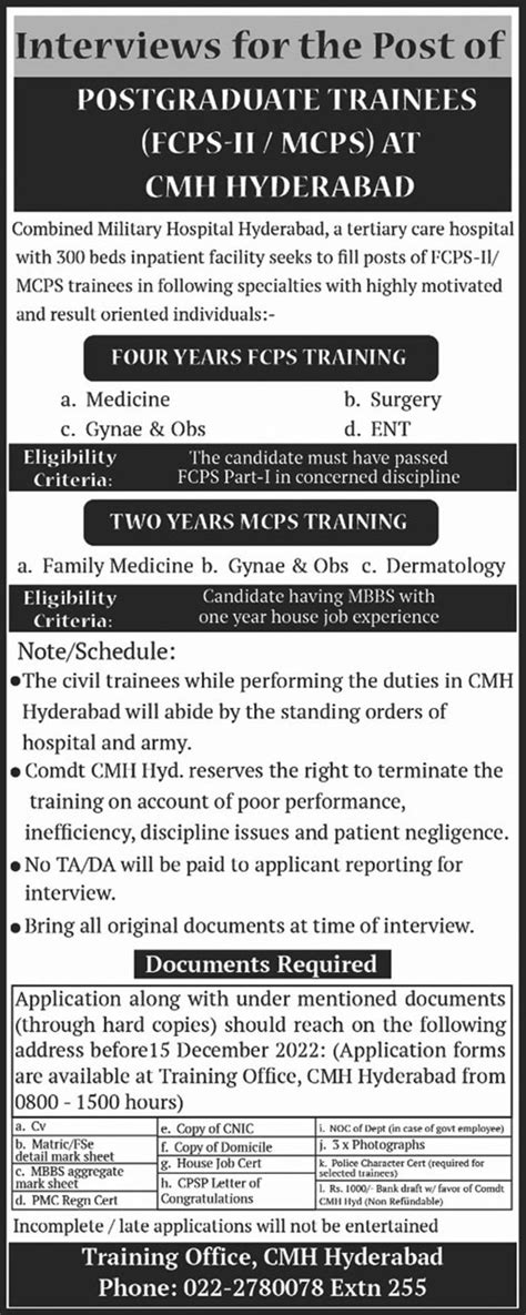 Cmh Hyderabad Post Graduate Trainee Fcps Ii Interviews 2022 2025 Job Advertisement Pakistan