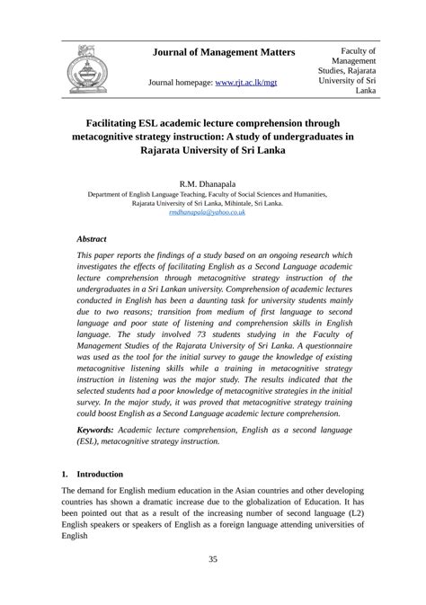 Pdf Facilitating Esl Academic Lecture Comprehension Through Metacognitive Strategy Instruction