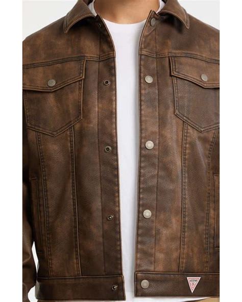 Guess Faux Leather Trucker Jacket In Brown For Men Lyst