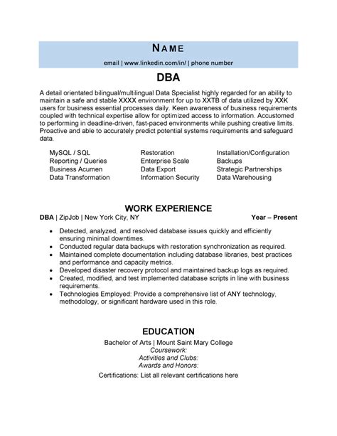 Dba Sample Resume