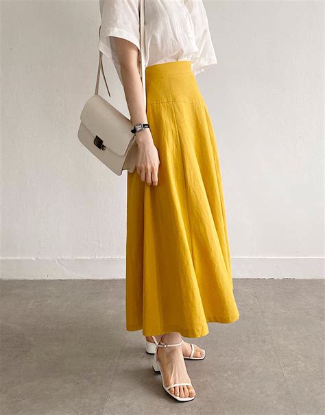 세일여성스러운 여리여리한 A라인 훌 캐주얼 화이트 노랑 린넨 면 플레어 밴딩 롱 스커트