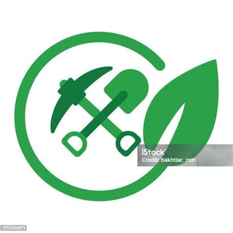 좋은 채광 연습 녹색 생태 환경 친화적 인 곡괭이와 삽 잎 아이콘 기호 굴착 건설 개념에 대한 스톡 벡터 아트 및 기타 이미지