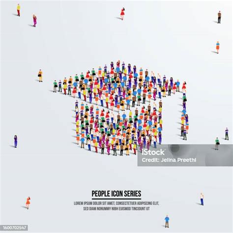 졸업 모자 아이콘 또는 학생 모자 개념입니다 많은 사람들이 모양 졸업 모자를 만들기 위해 형성됩니다 벡터 그림입니다 대학교에