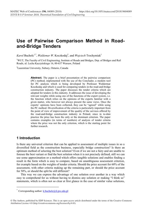 Pdf Use Of Pairwise Comparison Method In Road And Bridge Tenders