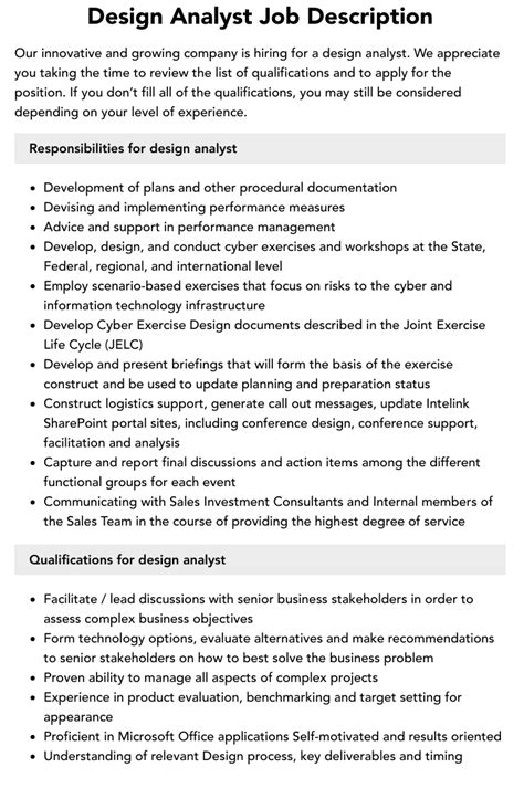Design Analyst Job Description Velvet Jobs Design Analyst Job Description Velvet Jobs