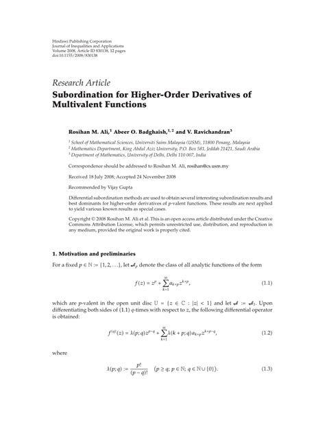 Pdf Subordination For Higher Order Derivatives Of Multivalent Functions