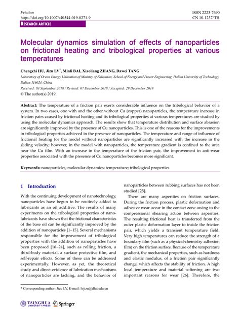 Pdf Molecular Dynamics Simulation Of Effects Of Nanoparticles On Frictional Heating And