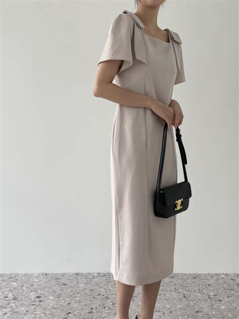 머스크 어깨리본 퍼프 반팔 H라인 롱원피스 결혼식 하객원피스