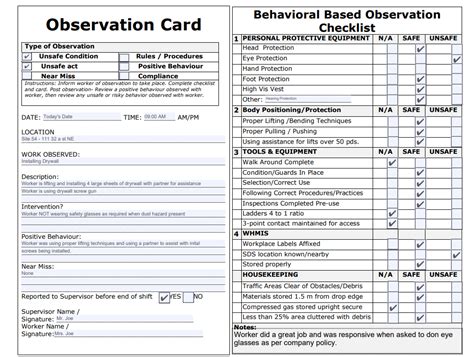 Safety Observation Card Sample Printable Cards