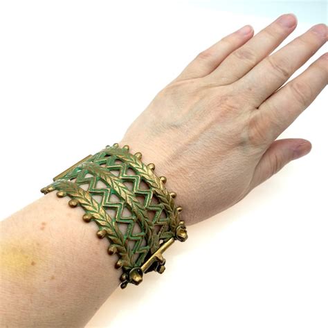 Heavy Vintage Solid Brass Green Enameled Hinged Brac Gem