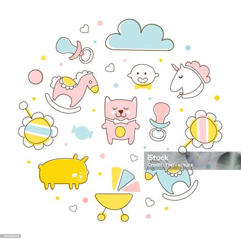 원형 모양의 파스텔 색상귀여운 아기 장난감 아기 가게 배너 전단지 브로셔 책 표지 포스터 Iinvitation 디자인 만화 벡터